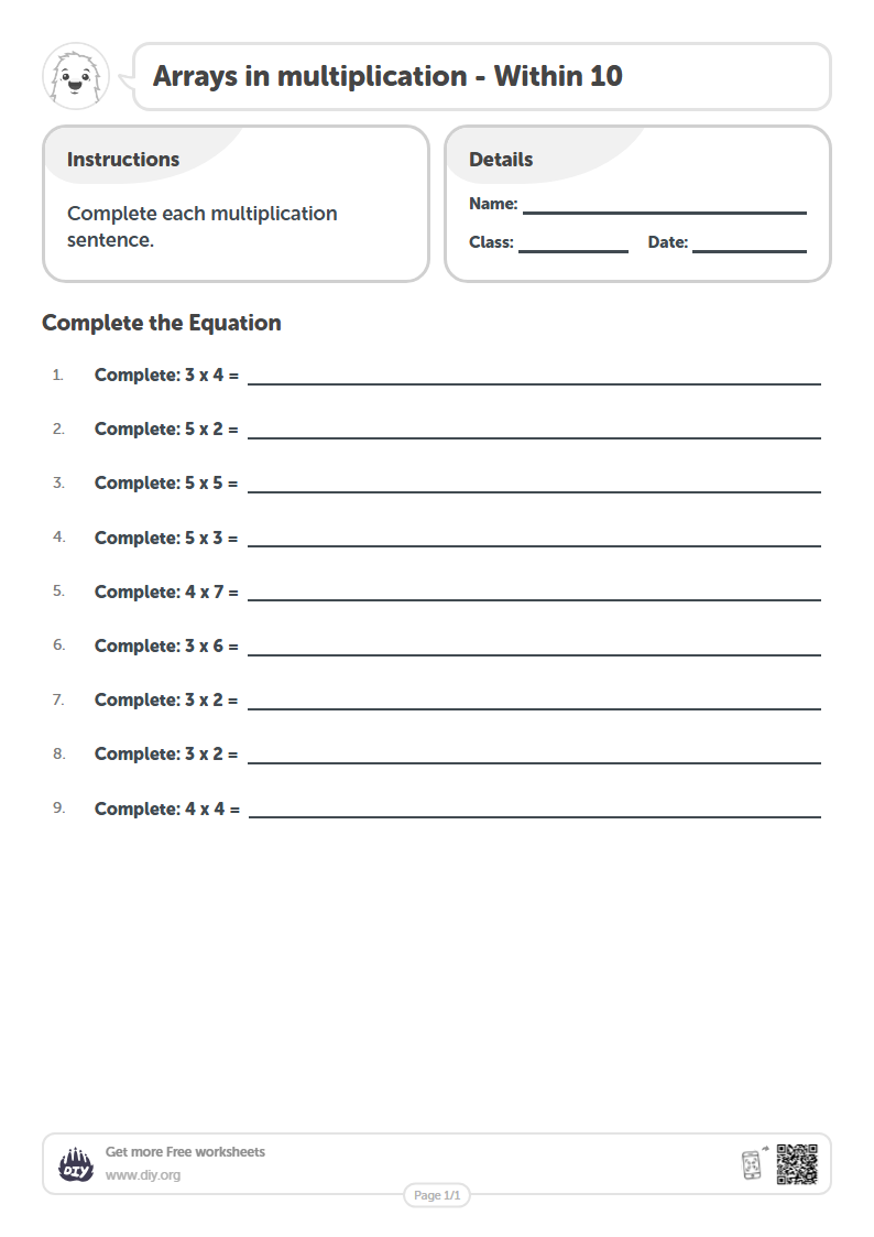 Free Arrays in multiplication - Within 10 Worksheets
