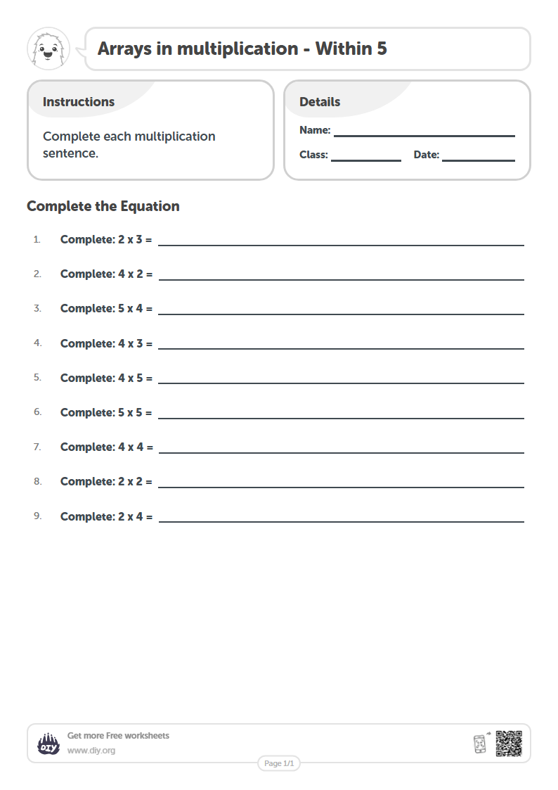 Free Arrays in multiplication - Within 5 Worksheets