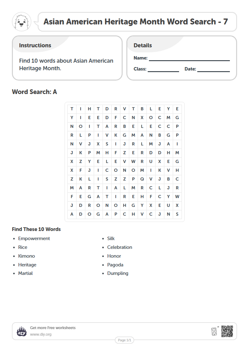 Free Asian American Heritage Month Word Search Worksheets