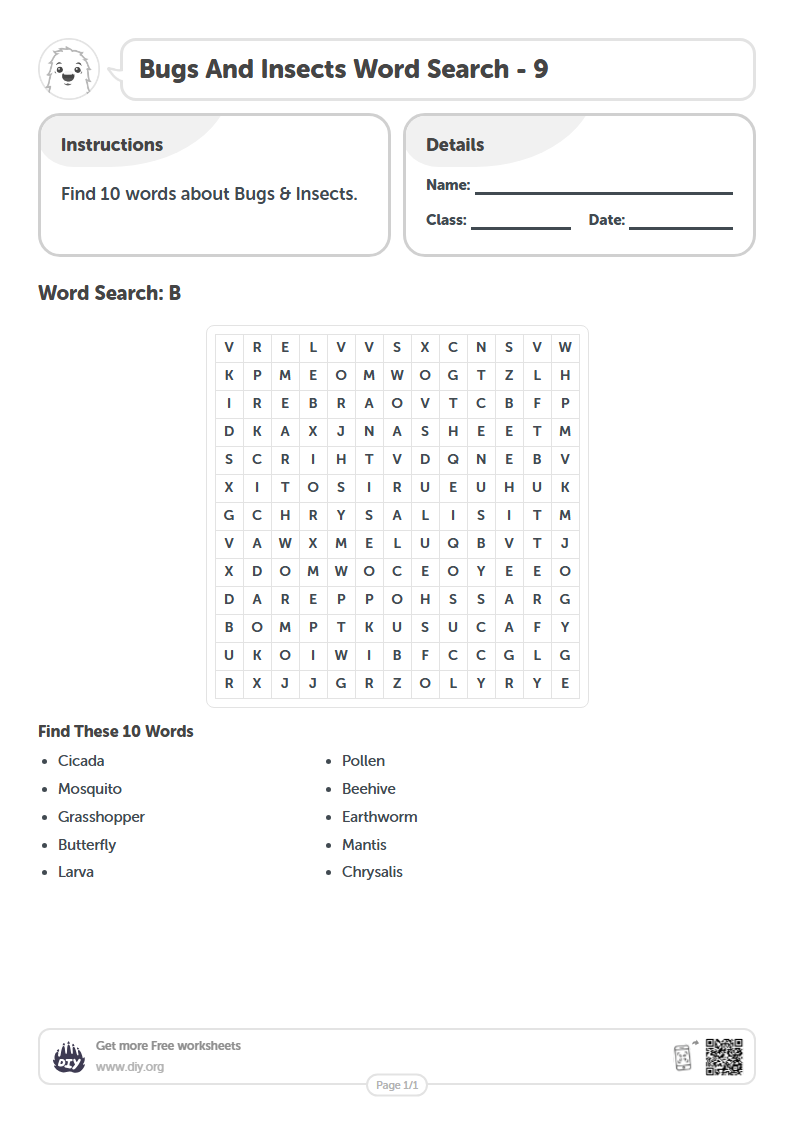 Free Bugs And Insects Word Search Worksheets