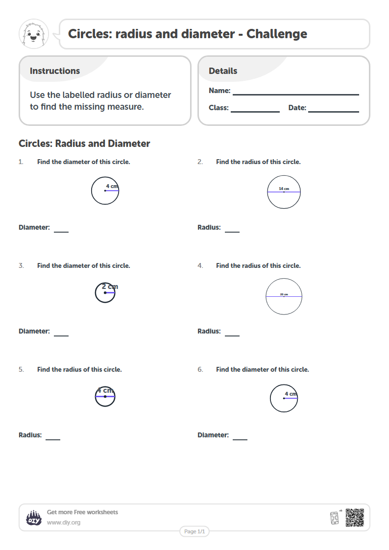 Free Circles: radius and diameter Worksheets