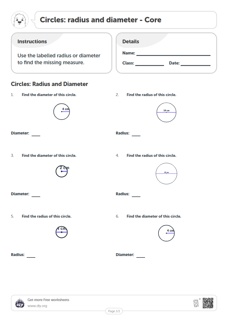 Free Circles: radius and diameter Worksheets