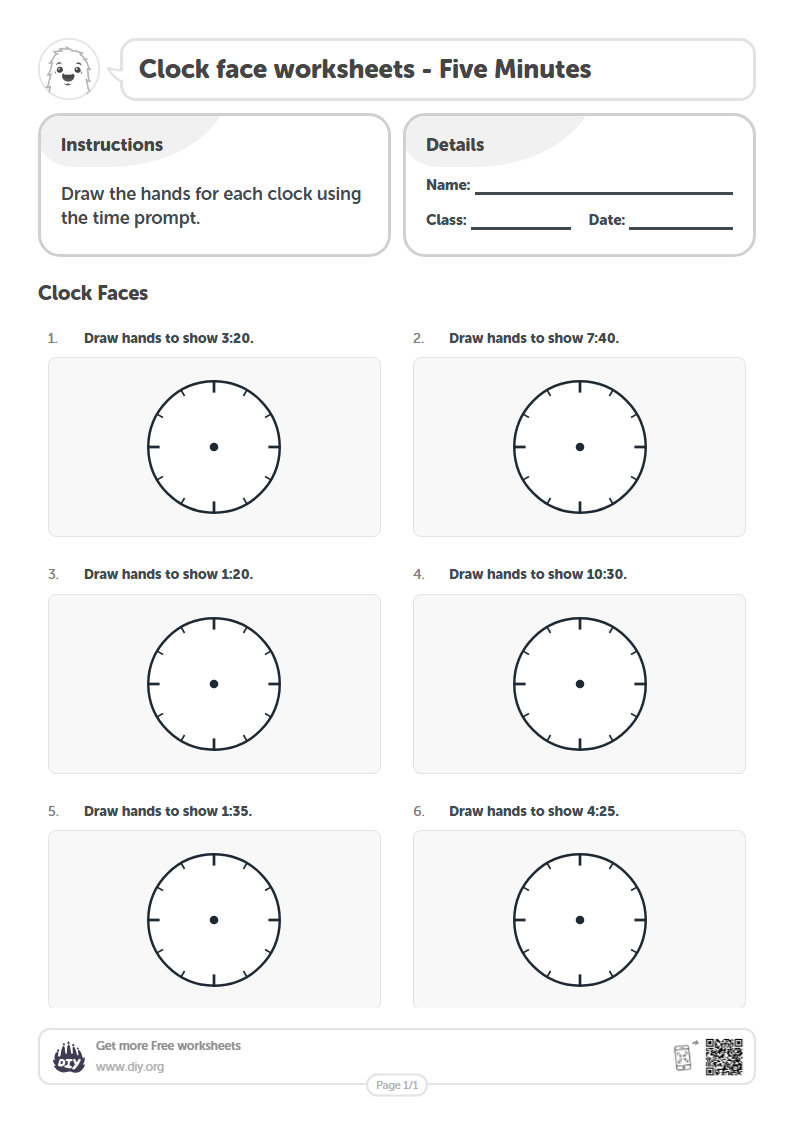 Free Clock face Worksheets - Five Minutes