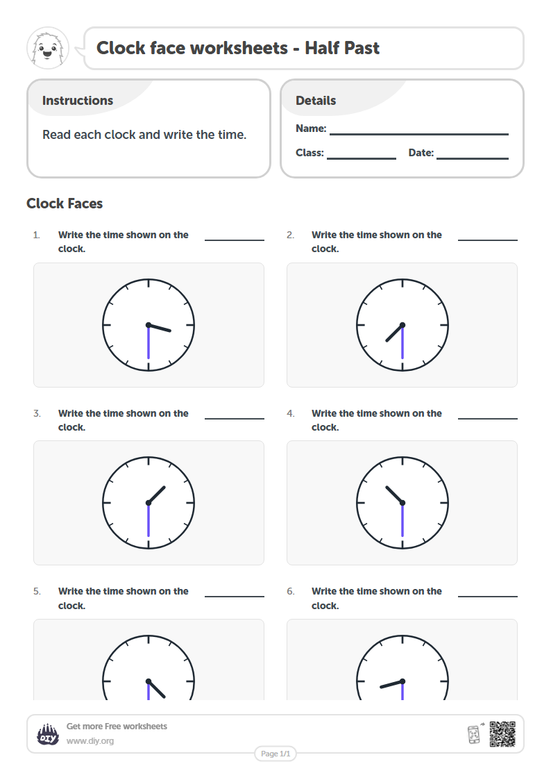 Free Clock face Worksheets - Half Past