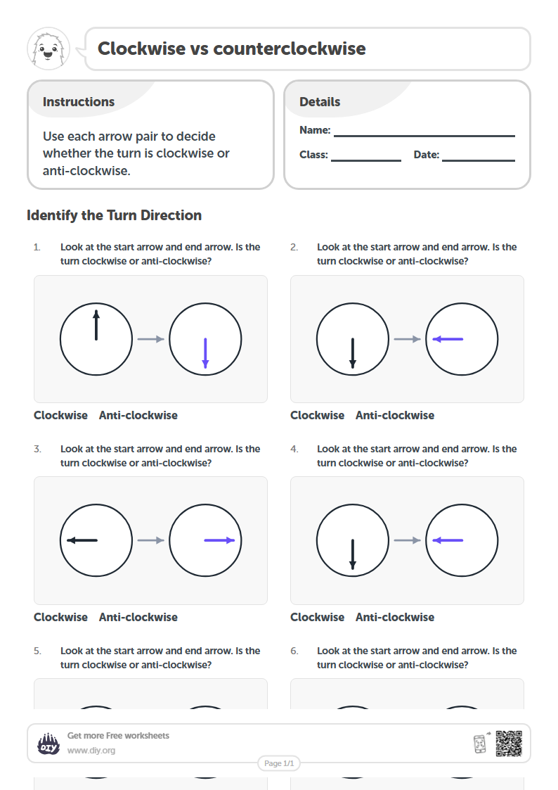 Free Clockwise vs counterclockwise Worksheets