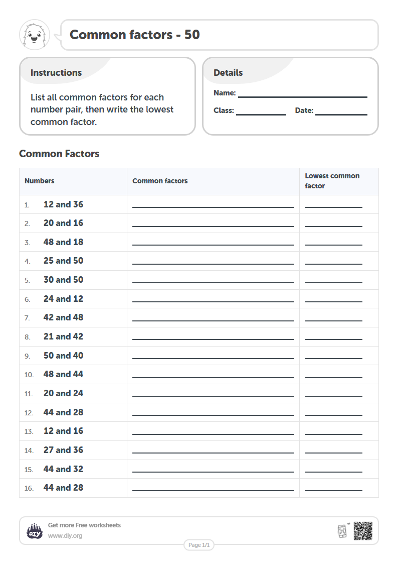 Free Common factors - 50 Worksheets