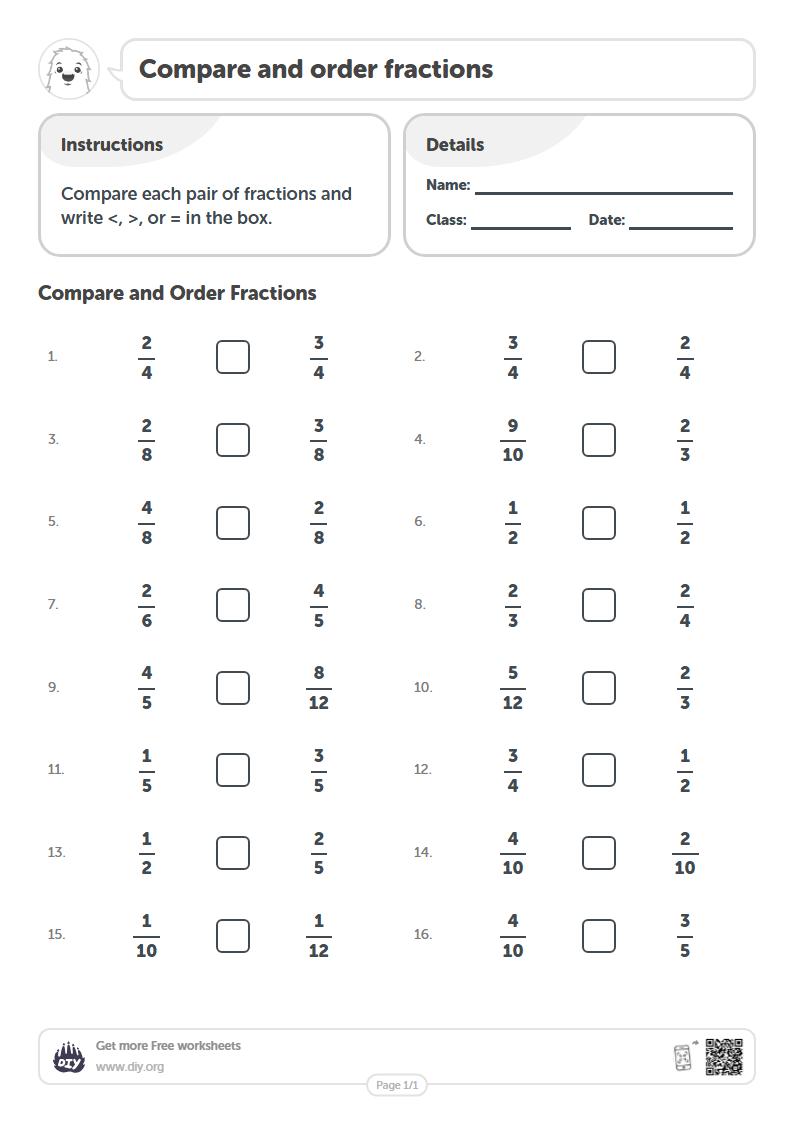 Free Compare and order fractions Worksheets