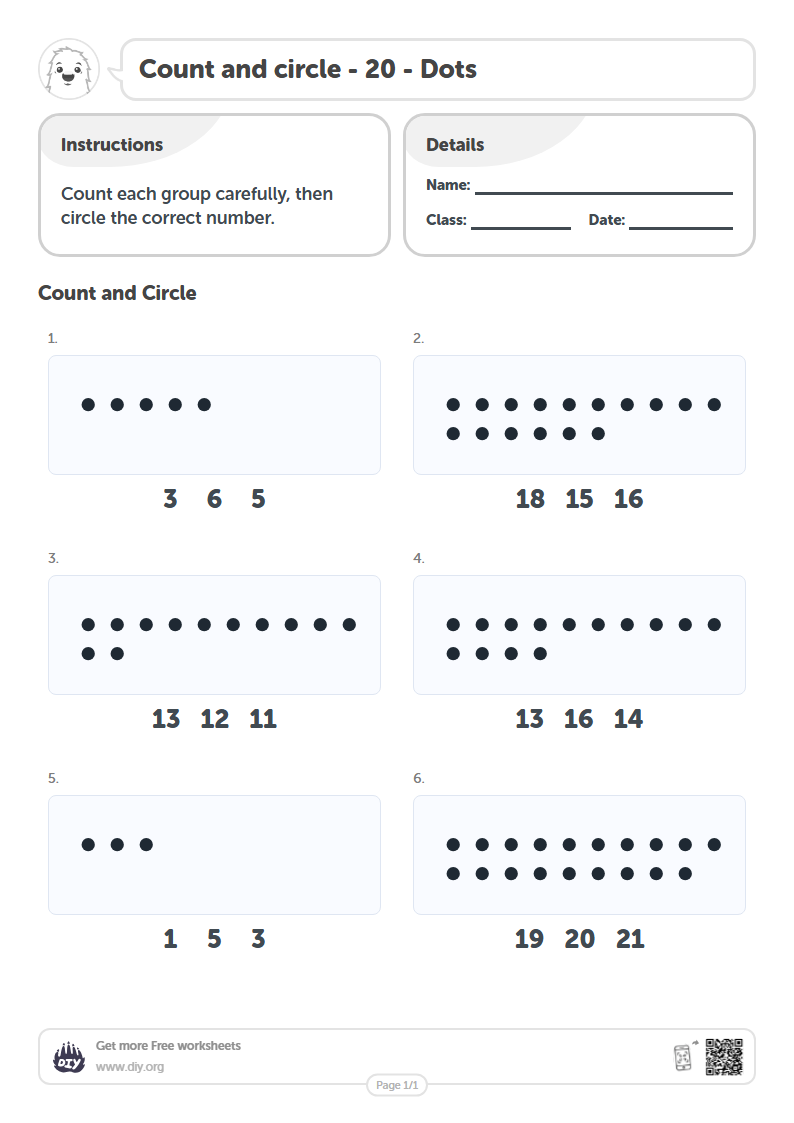 Free Count and circle - 20 - Dots Worksheets