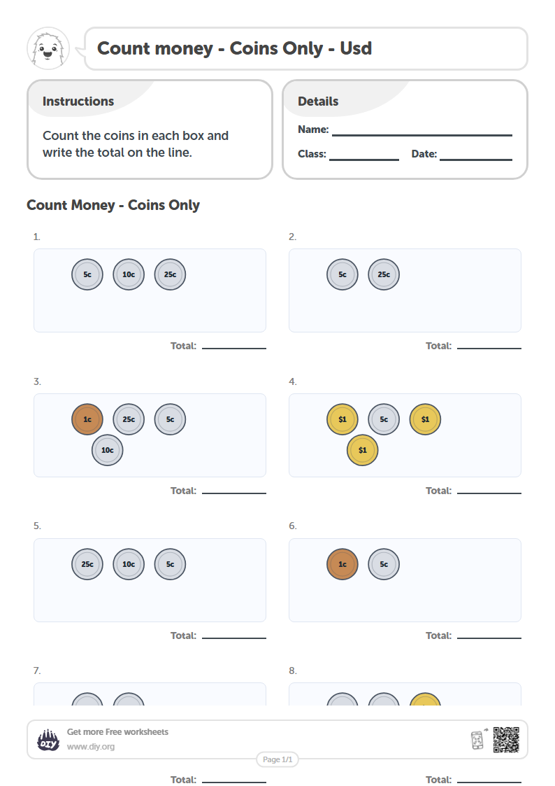 Free Count money - Usd Worksheets