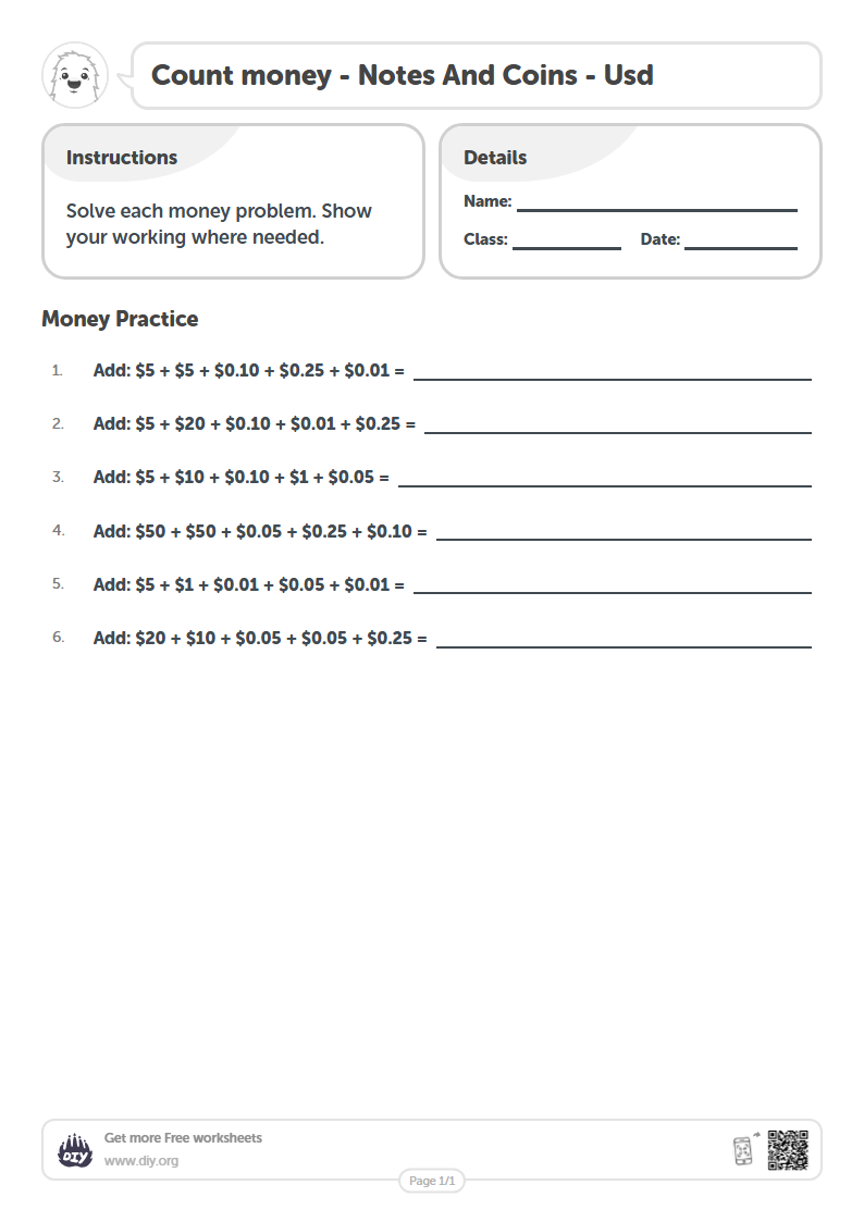 Free Count money - Usd Worksheets