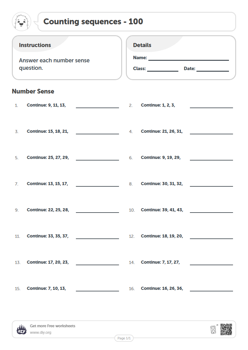 Free Counting sequences - 100 Worksheets