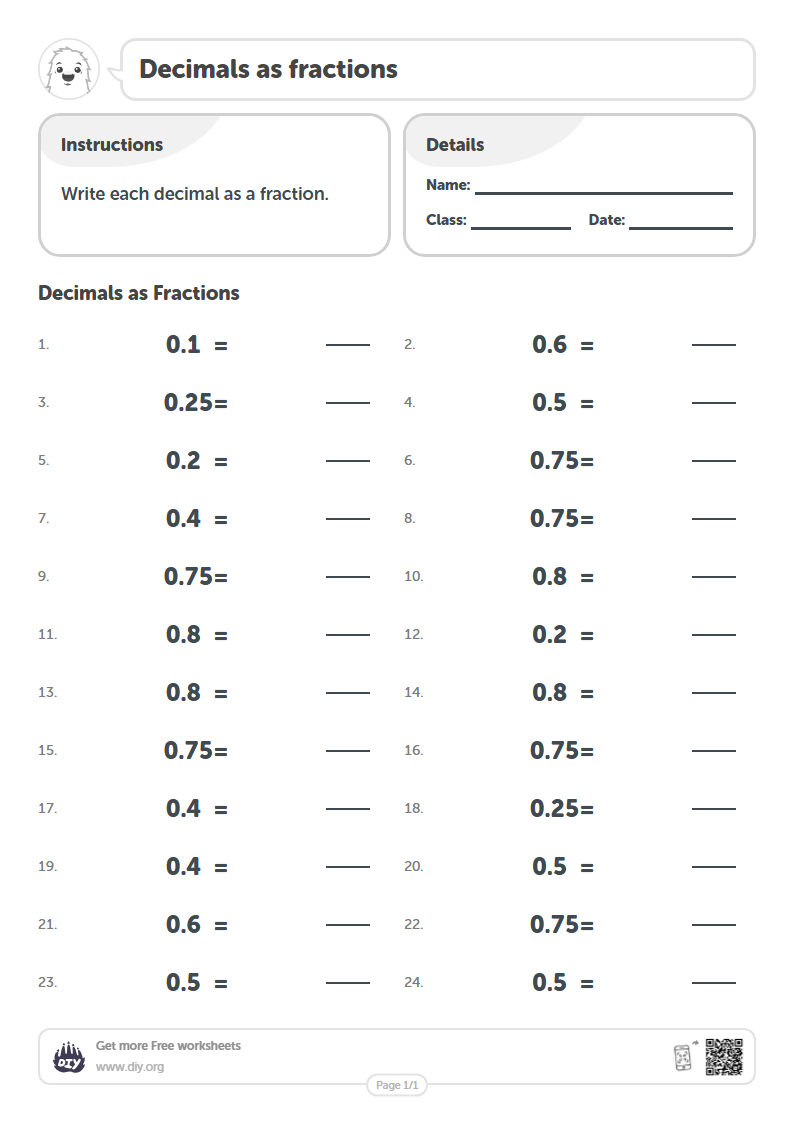 Free Decimals as fractions Worksheets
