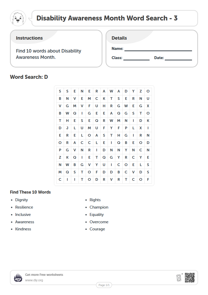 Free Disability Awareness Month Word Search Worksheets