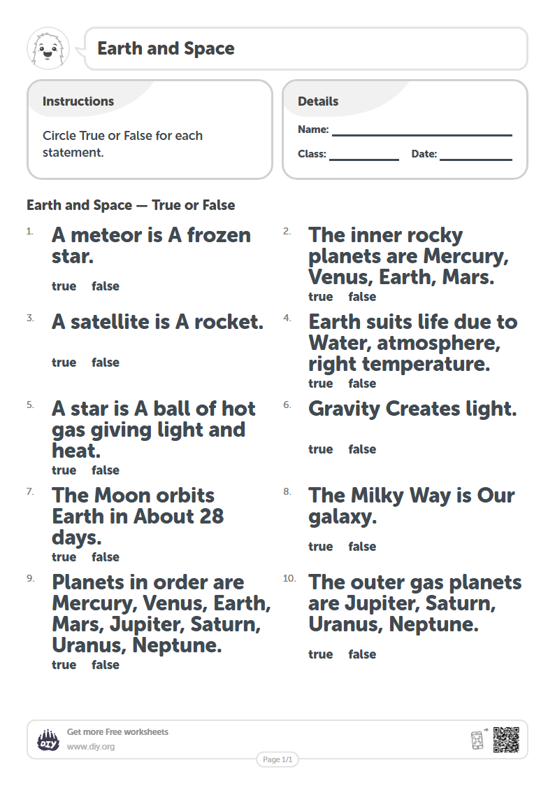 Free Earth and Space Worksheets