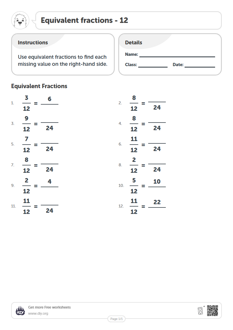 Free Equivalent fractions - 12 Worksheets