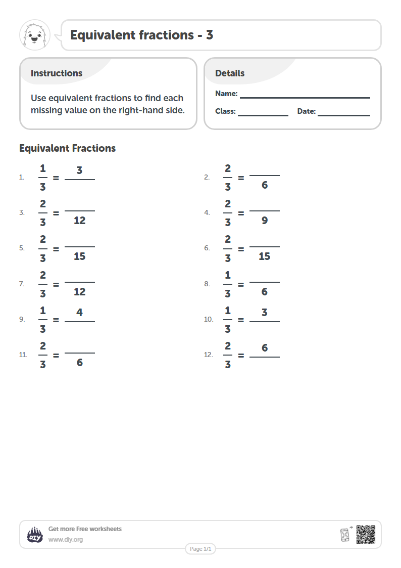 Free Equivalent fractions - 3 Worksheets