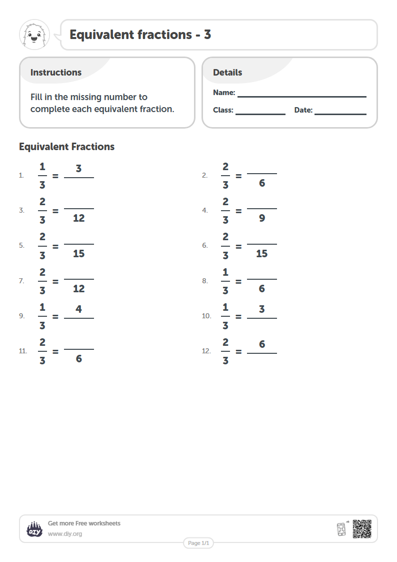 Free Equivalent fractions - 3 Worksheets