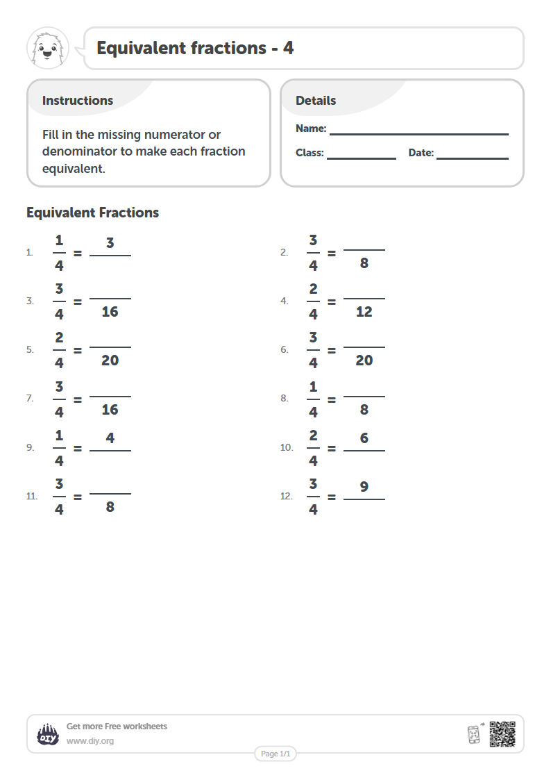 Free Equivalent fractions - 4 Worksheets