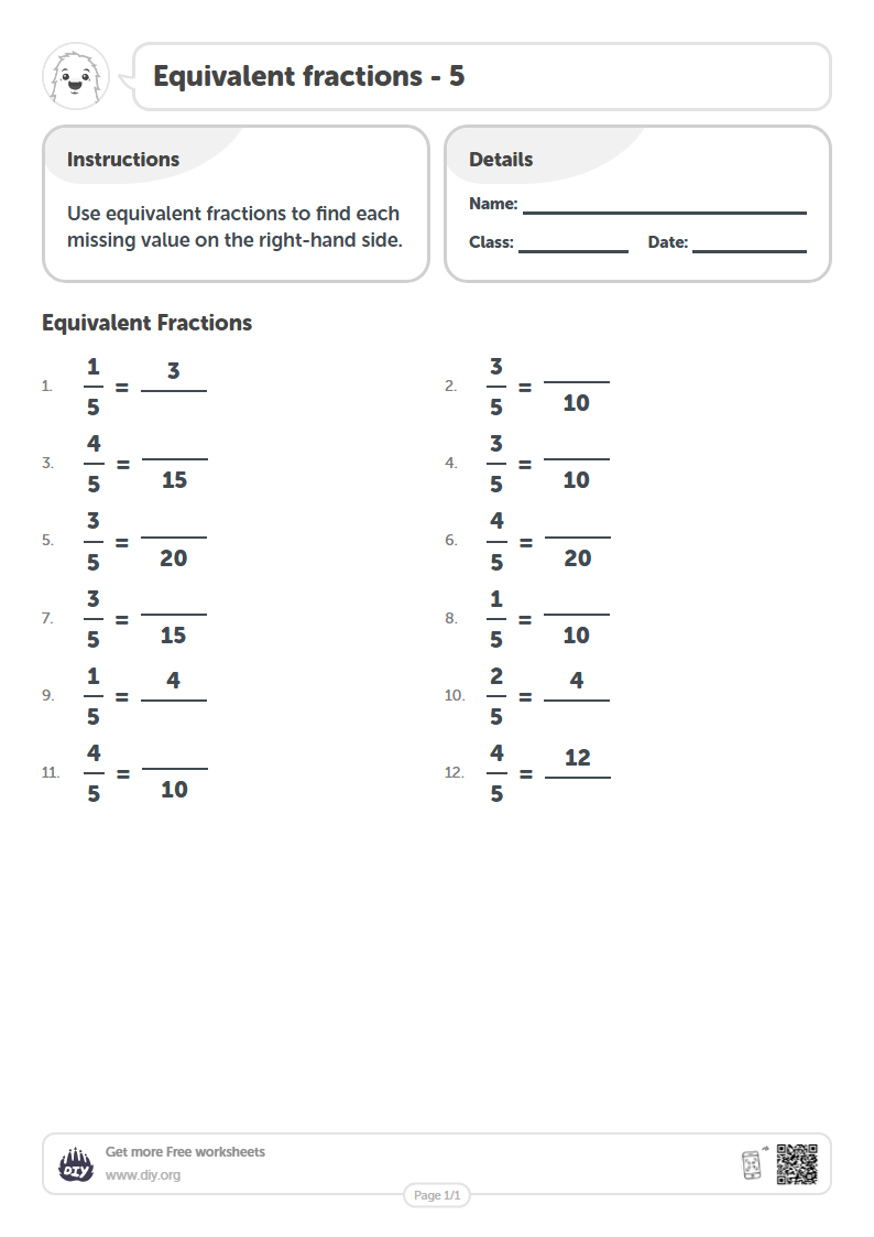 Free Equivalent fractions - 5 Worksheets
