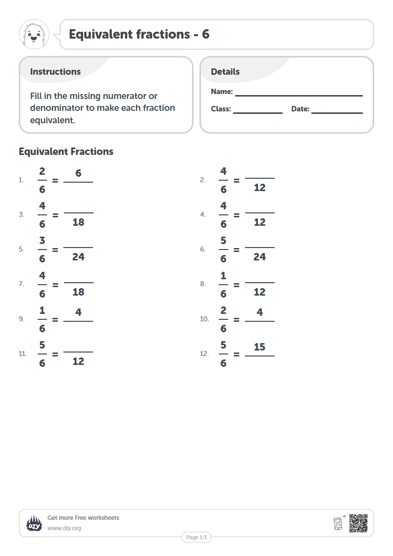 Free Equivalent fractions - 6 Worksheets