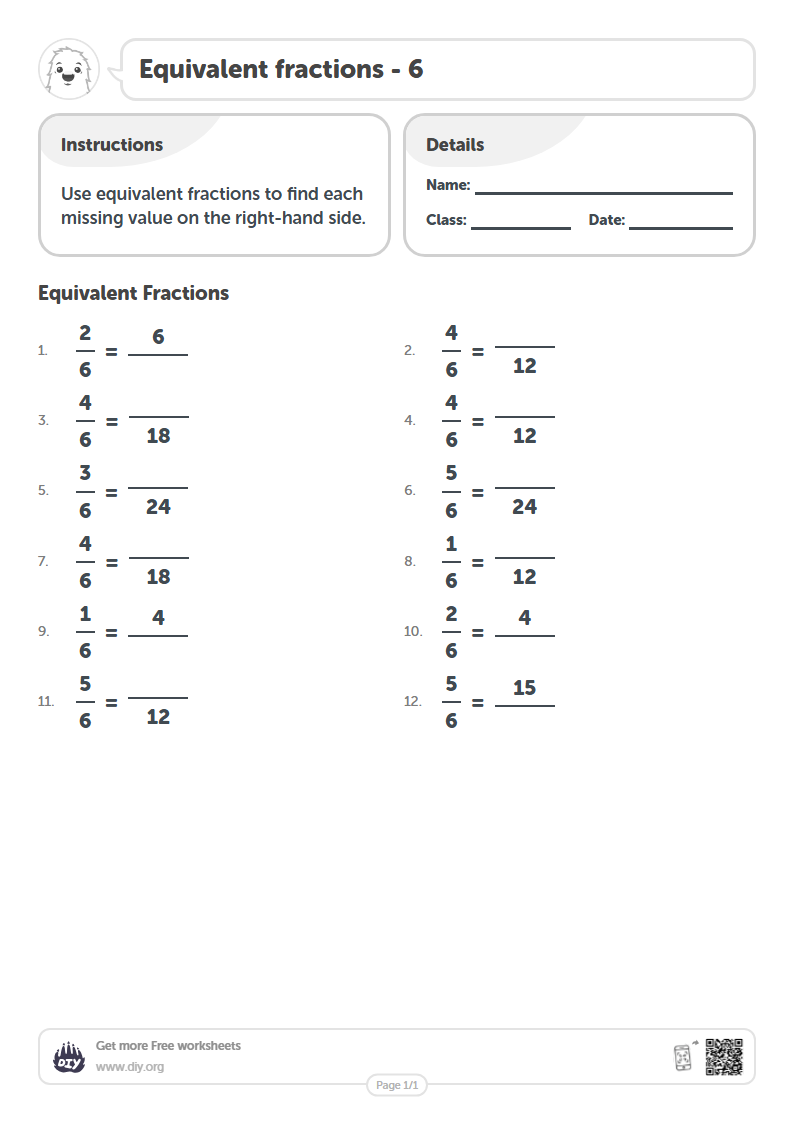 Free Equivalent fractions - 6 Worksheets