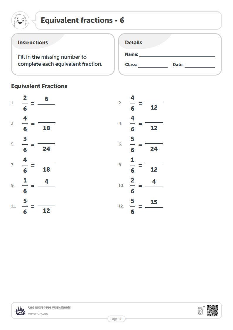 Free Equivalent fractions - 6 Worksheets