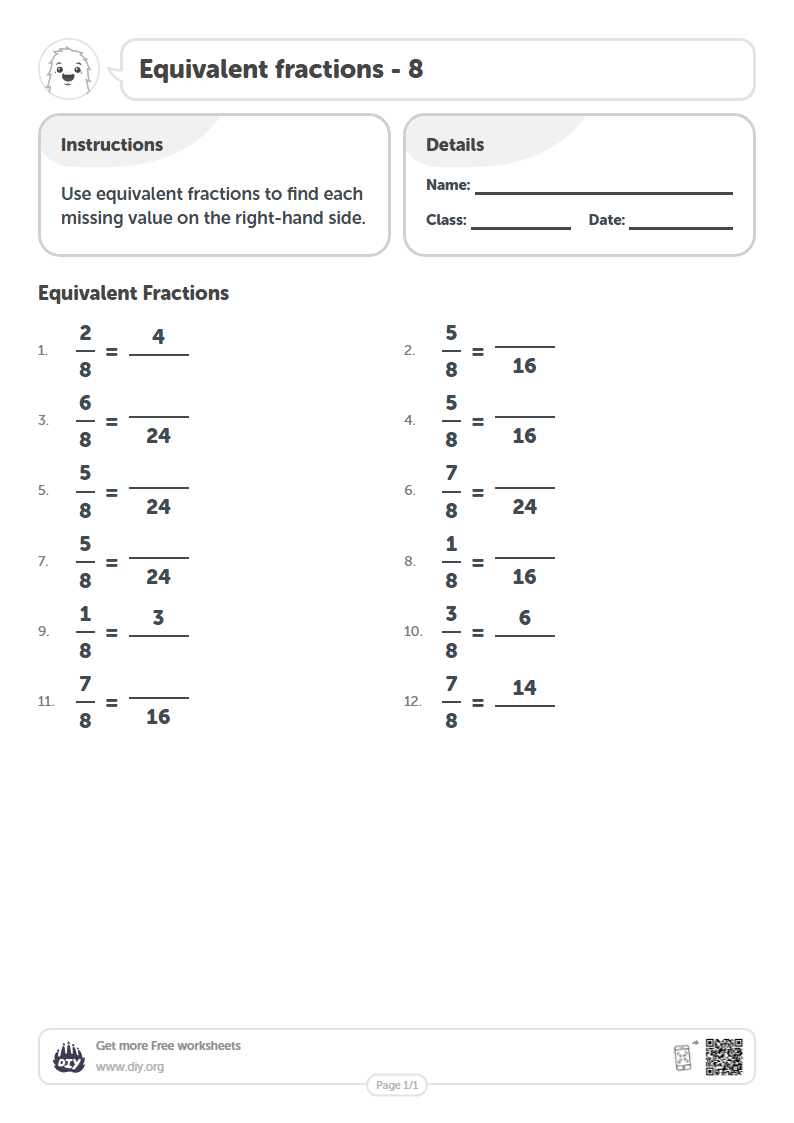Free Equivalent fractions - 8 Worksheets