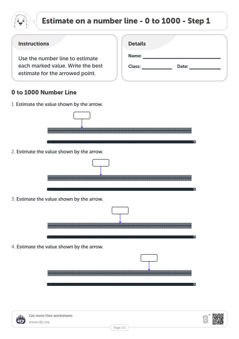 Free Estimate on a number line - 0 to 1000 - Step 1 Worksheets