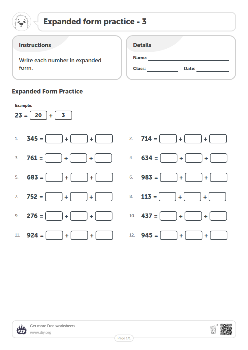 Free Expanded form practice - 3 Worksheets