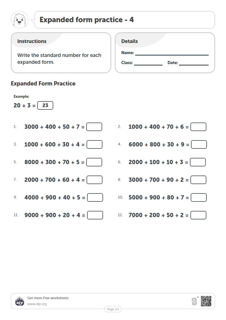 Free Expanded form practice - 4 Worksheets