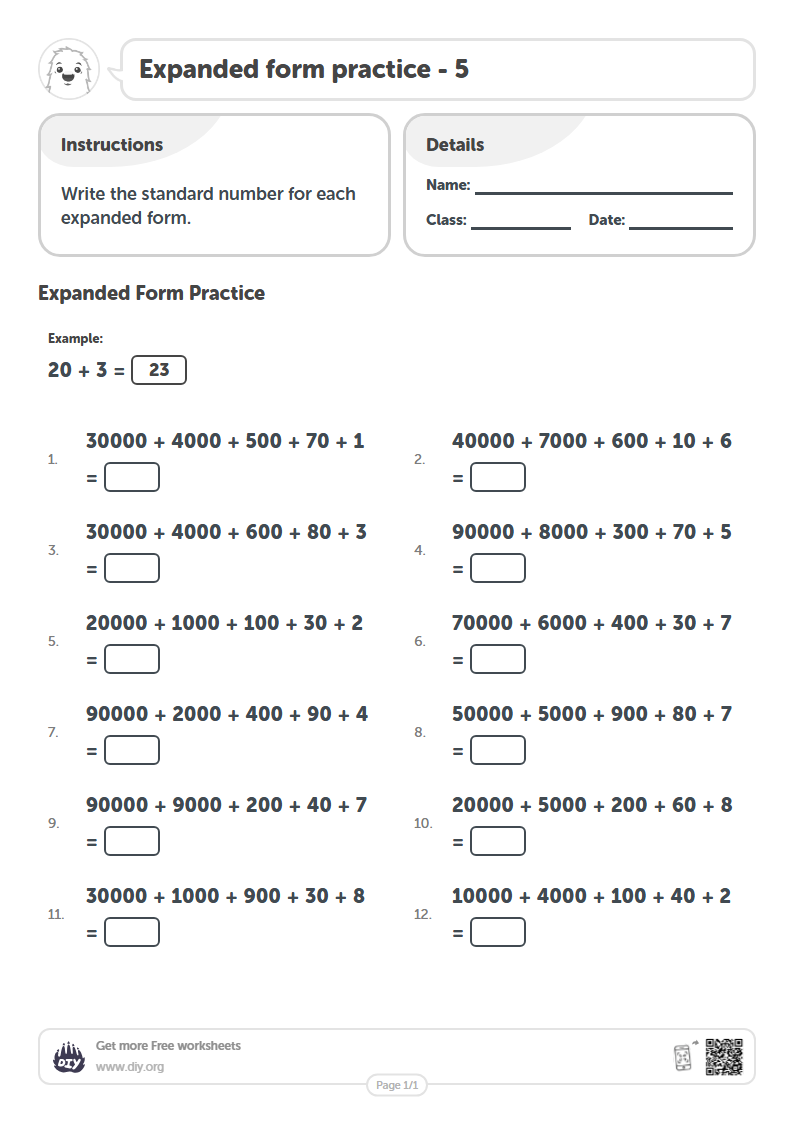 Free Expanded form practice - 5 Worksheets