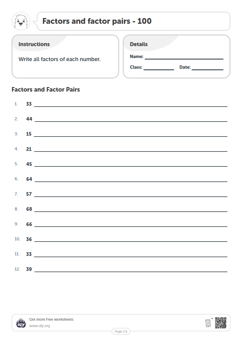 Free Factors and factor pairs - 100 Worksheets