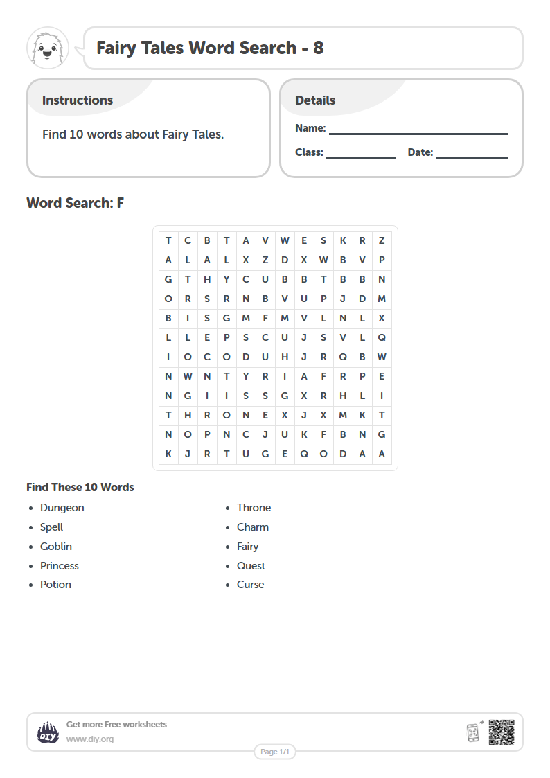 Free Fairy Tales Word Search Worksheets
