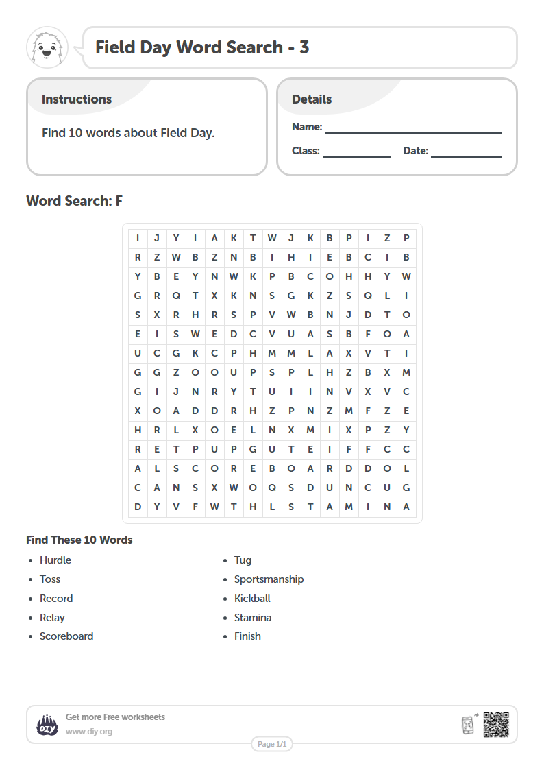 Free Field Day Word Search Worksheets