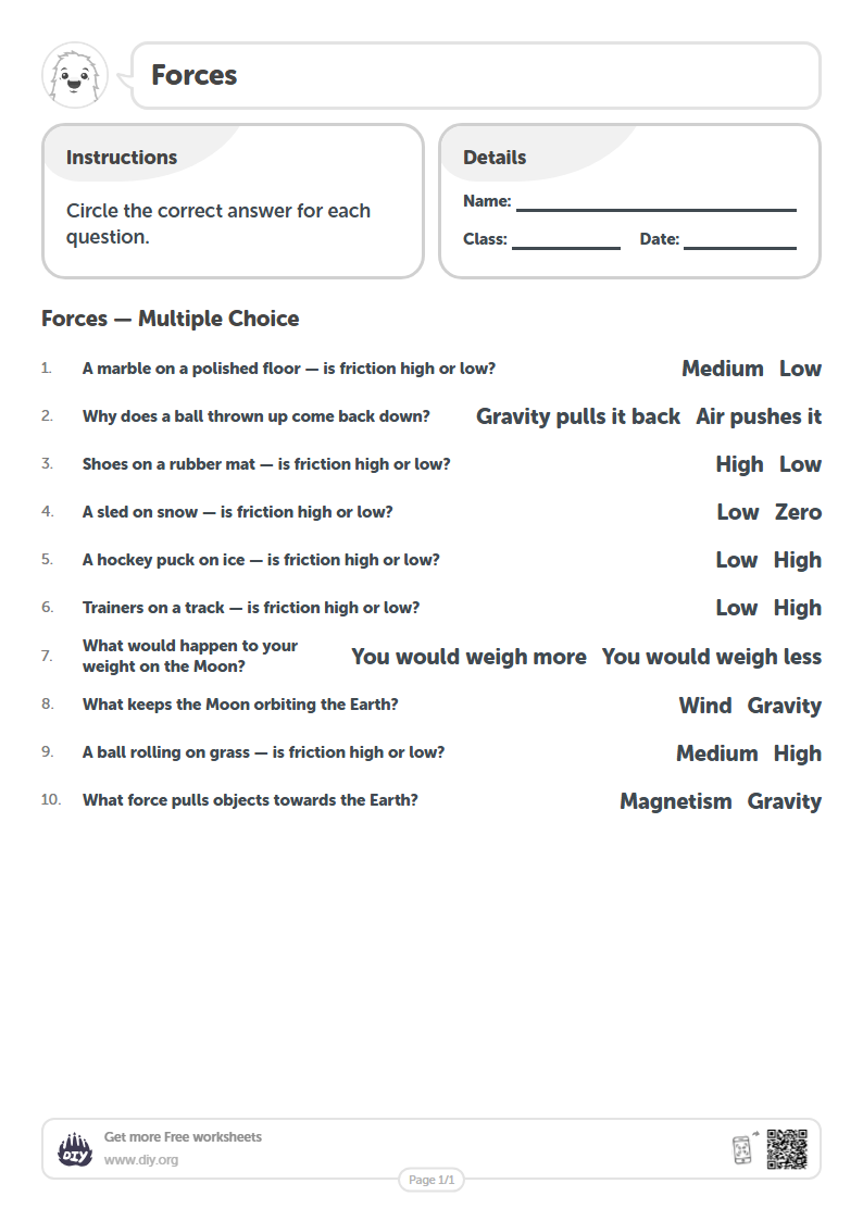 Free Forces Worksheets