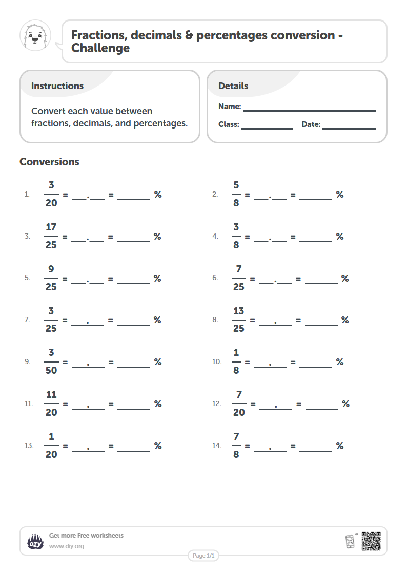 Free Fractions, decimals & percentages conversion Worksheets