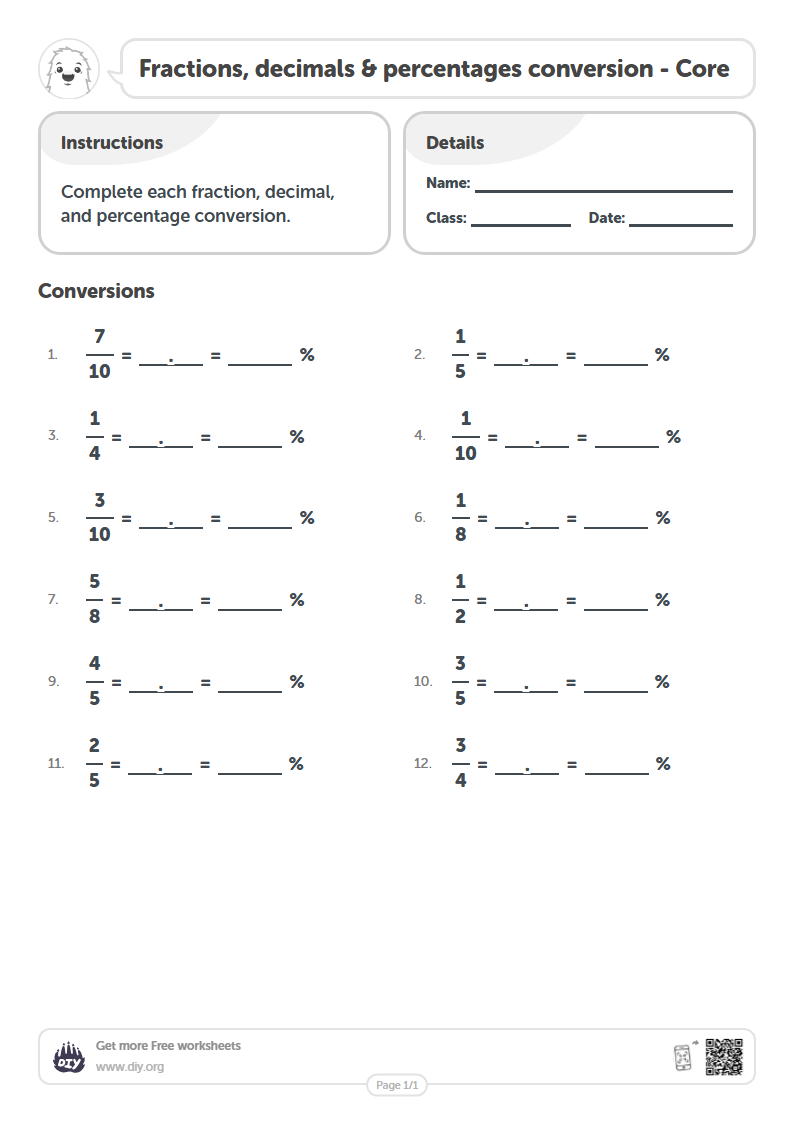 Free Fractions, decimals & percentages conversion Worksheets