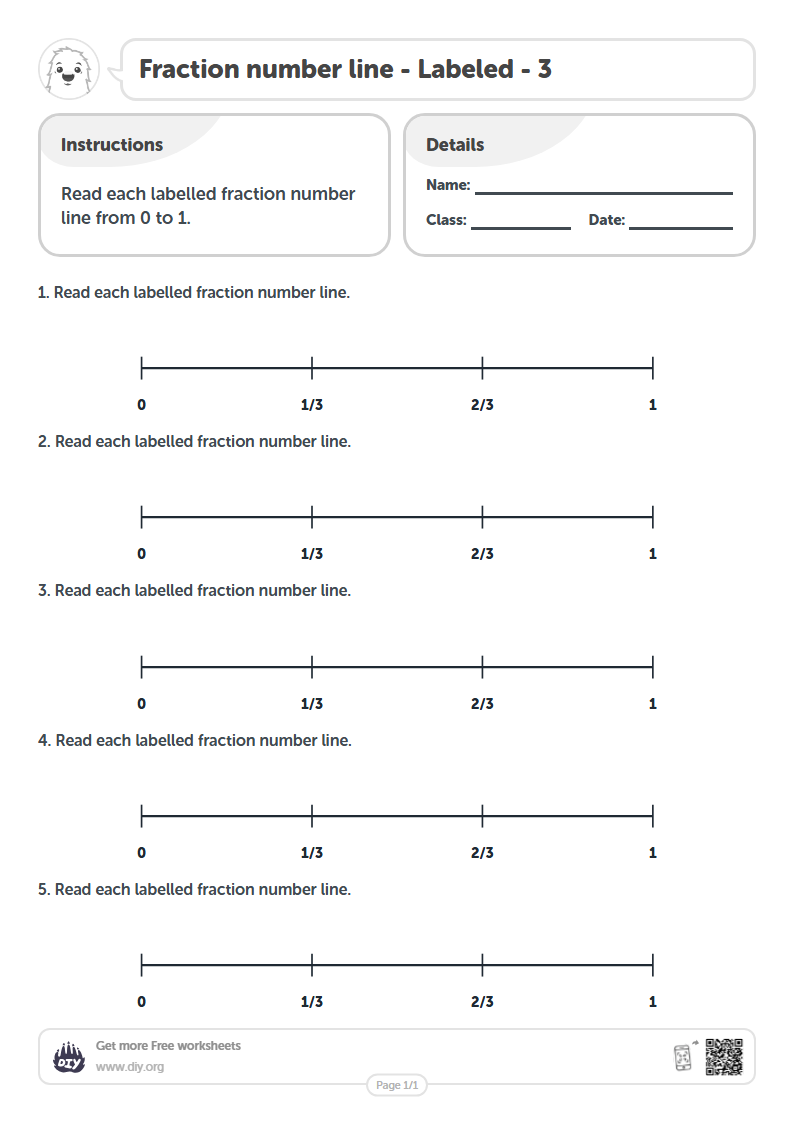 Free Fraction number line - Labeled - 3 Worksheets