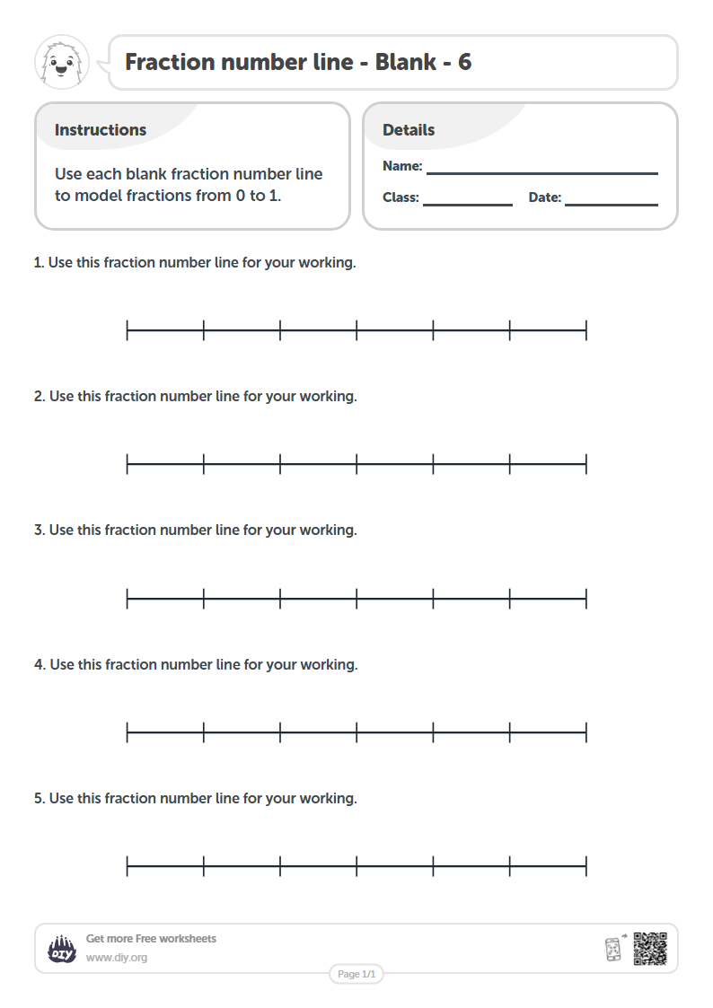 Free Fraction number line - Blank - 6 Worksheets