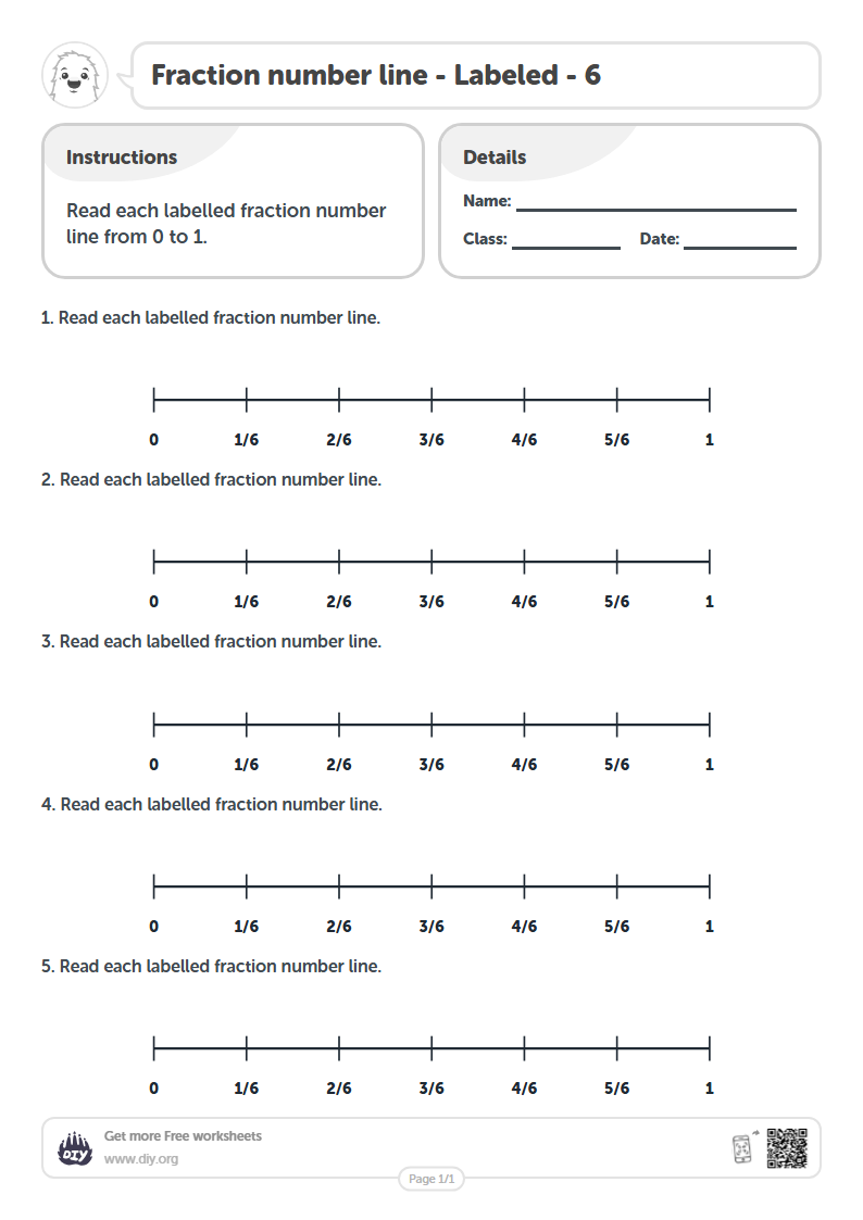 Free Fraction number line - Labeled - 6 Worksheets