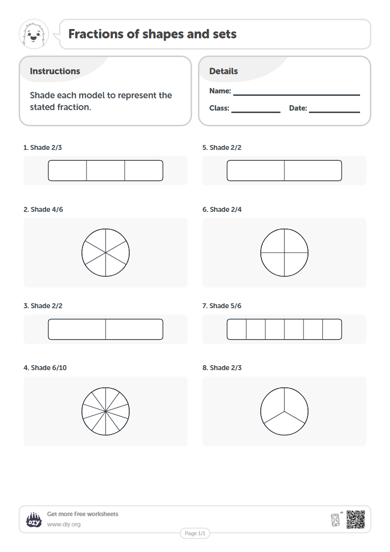 Free Fractions of shapes and sets Worksheets
