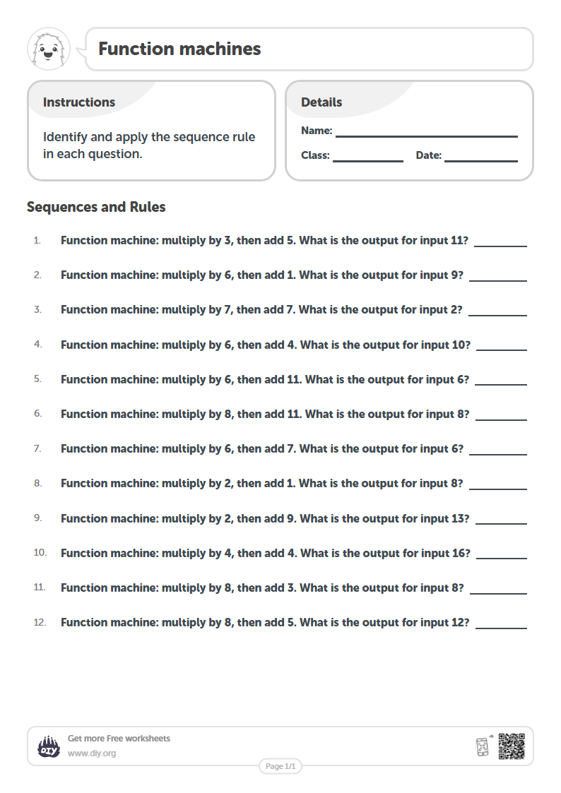 Free Function machines Worksheets