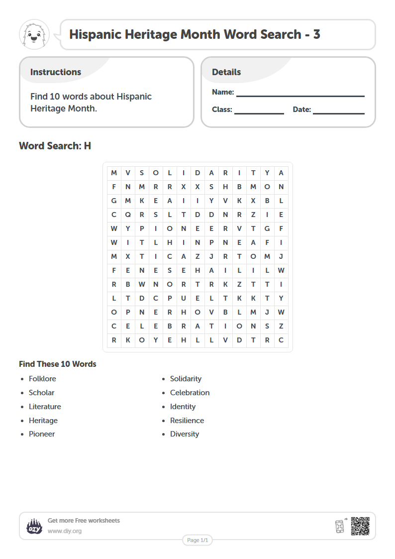 Free Hispanic Heritage Month Word Search Worksheets