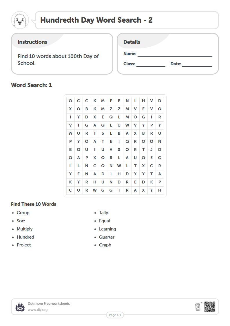 Free Hundredth Day Word Search Worksheets
