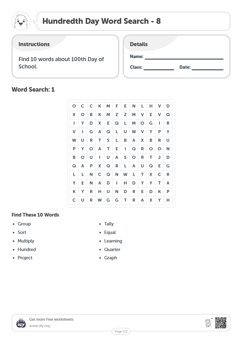 Free Hundredth Day Word Search Worksheets