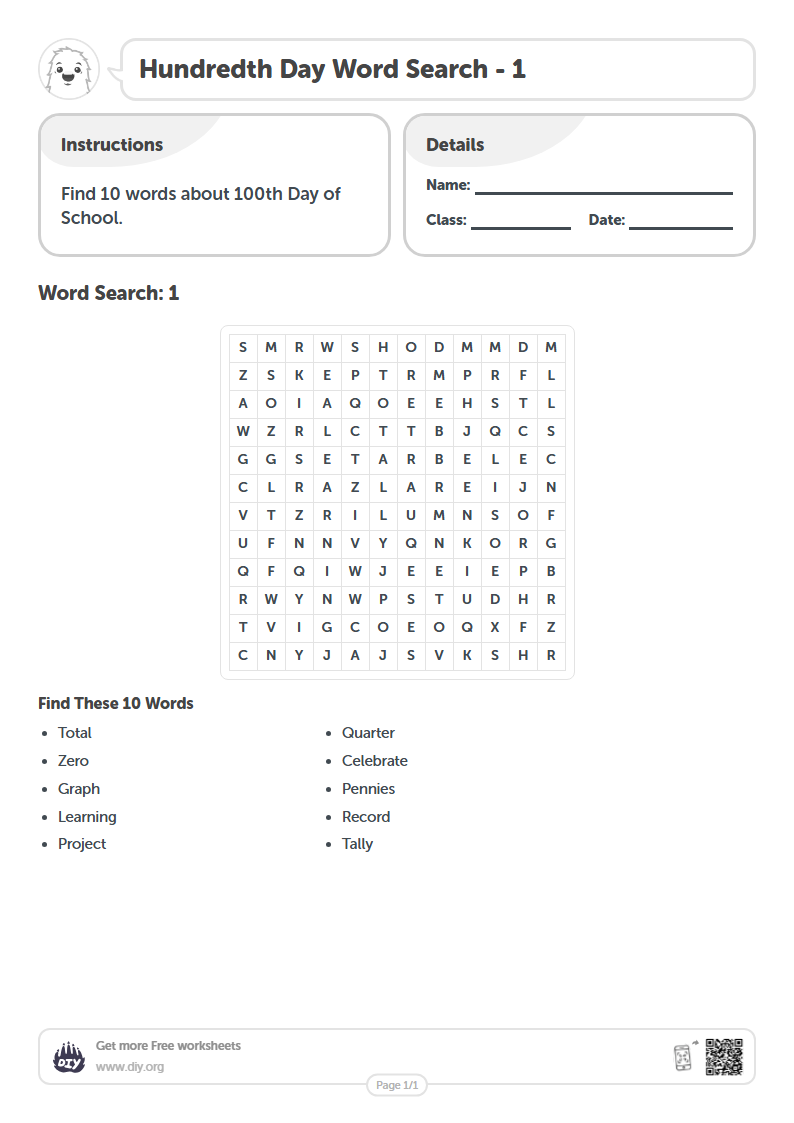 Free Hundredth Day Word Search Worksheets