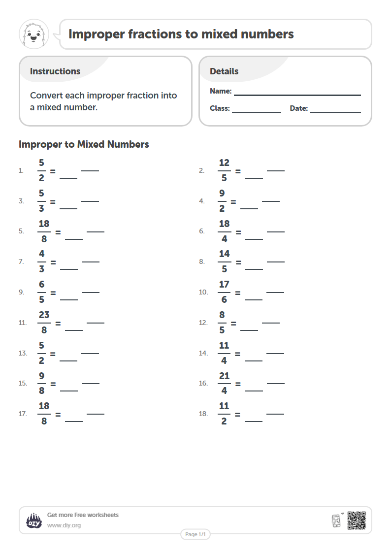 Free Improper fractions to mixed numbers Worksheets