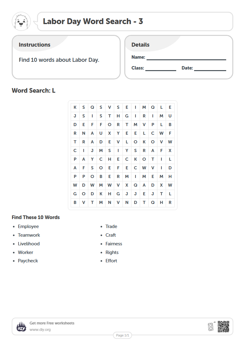 Free Labor Day Word Search Worksheets