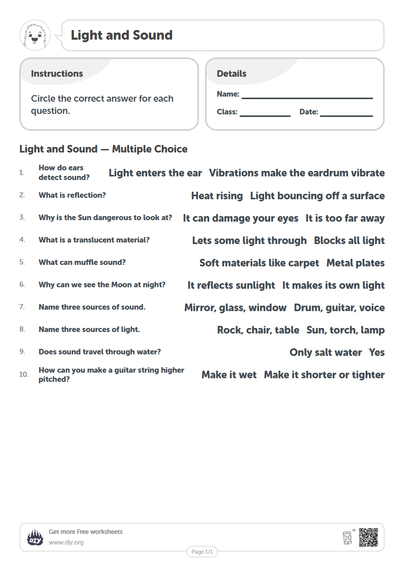 Free Light and Sound Worksheets
