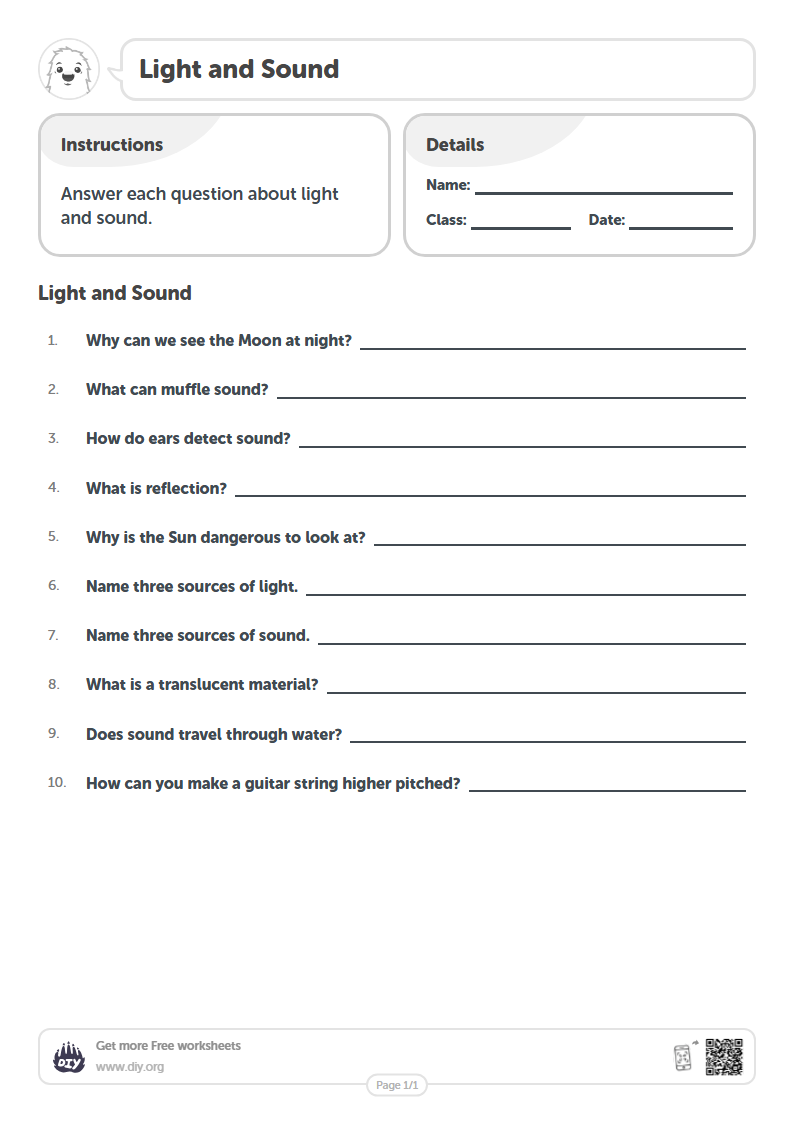 Free Light and Sound Worksheets